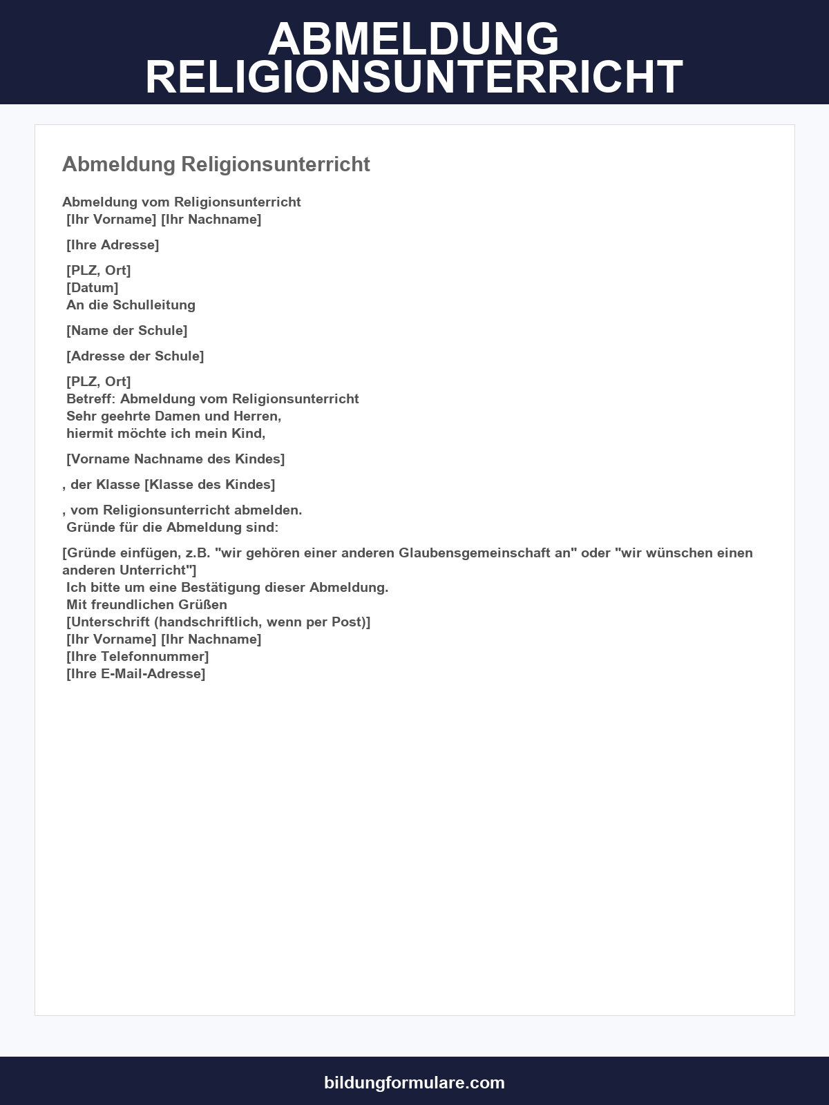 Abmeldung Religionsunterricht Vorlage