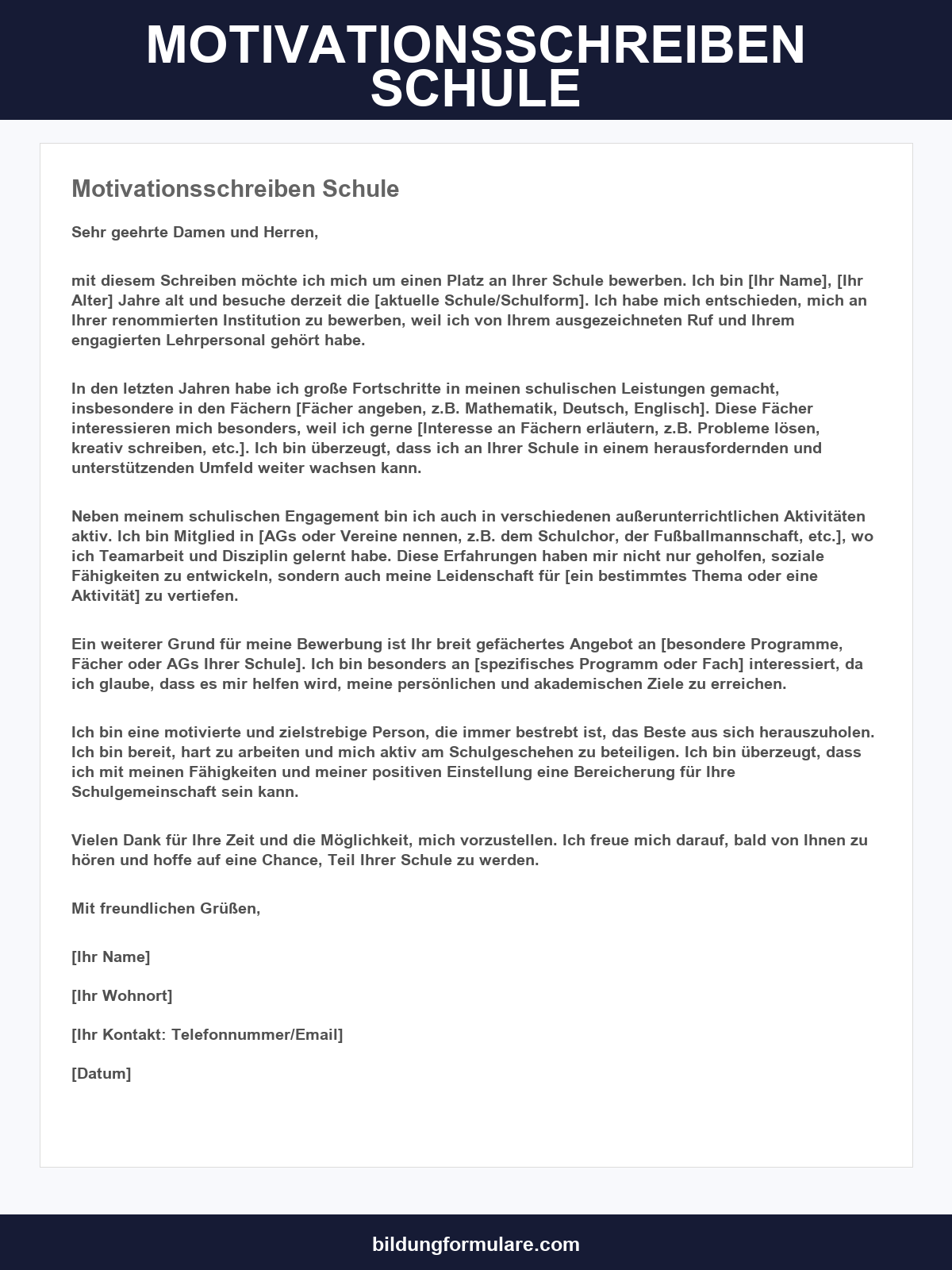 Motivationsschreiben Schule